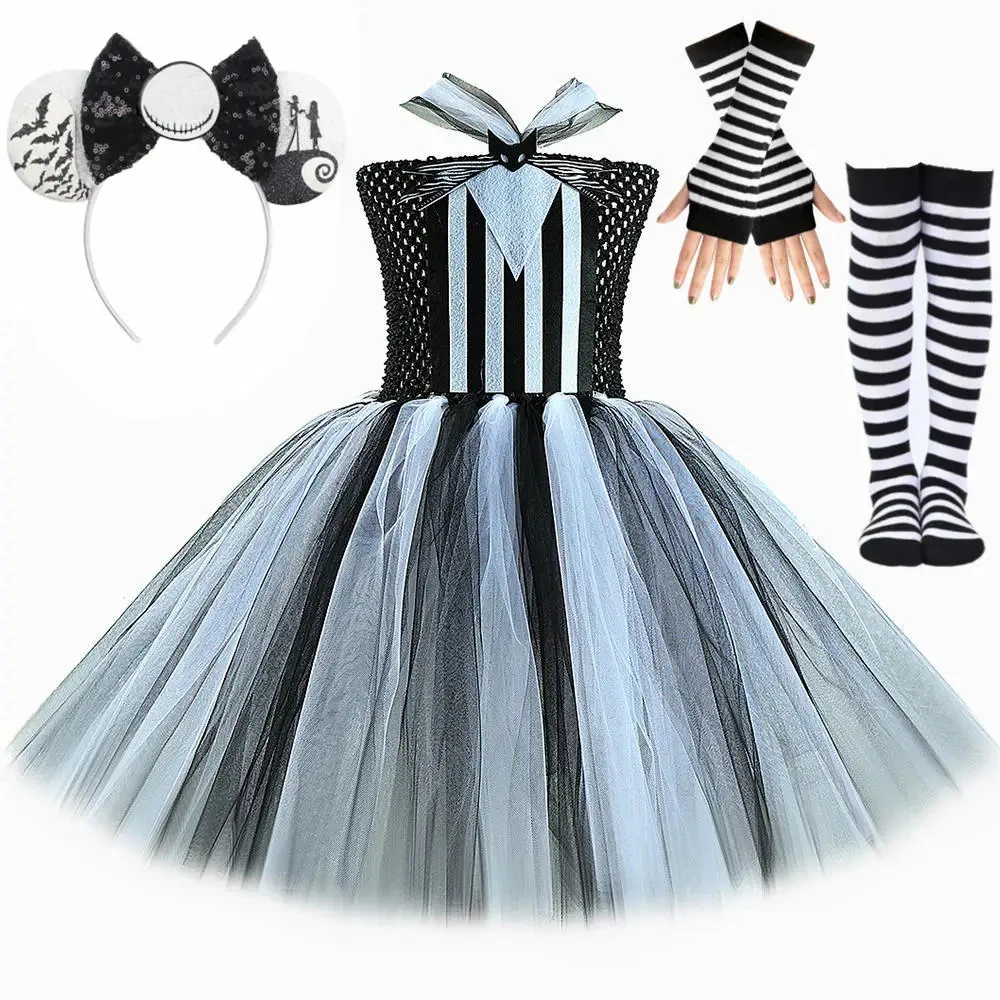 Jack Skellington Costume Kids Black White Striped Nightmare Tutu Dress ...