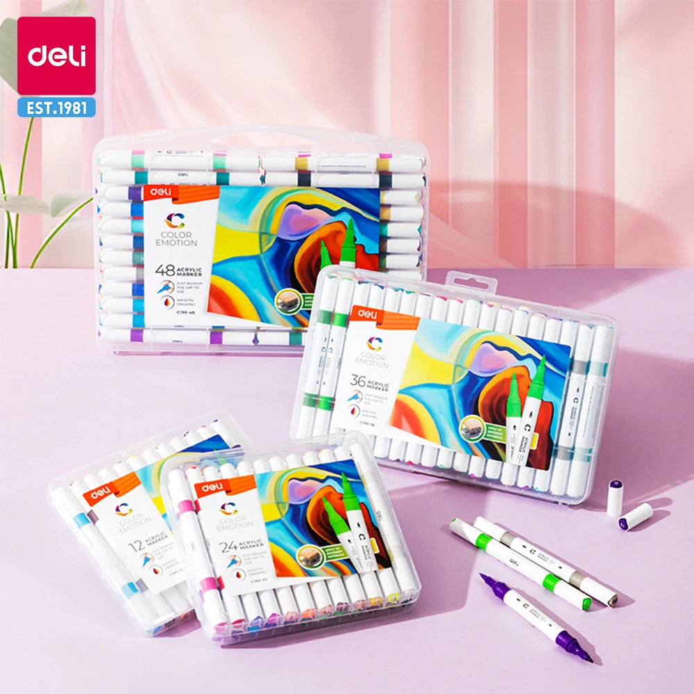 Deli 12/24/36/48 Colors Permanent Acrylic Markers Double Pointed ...
