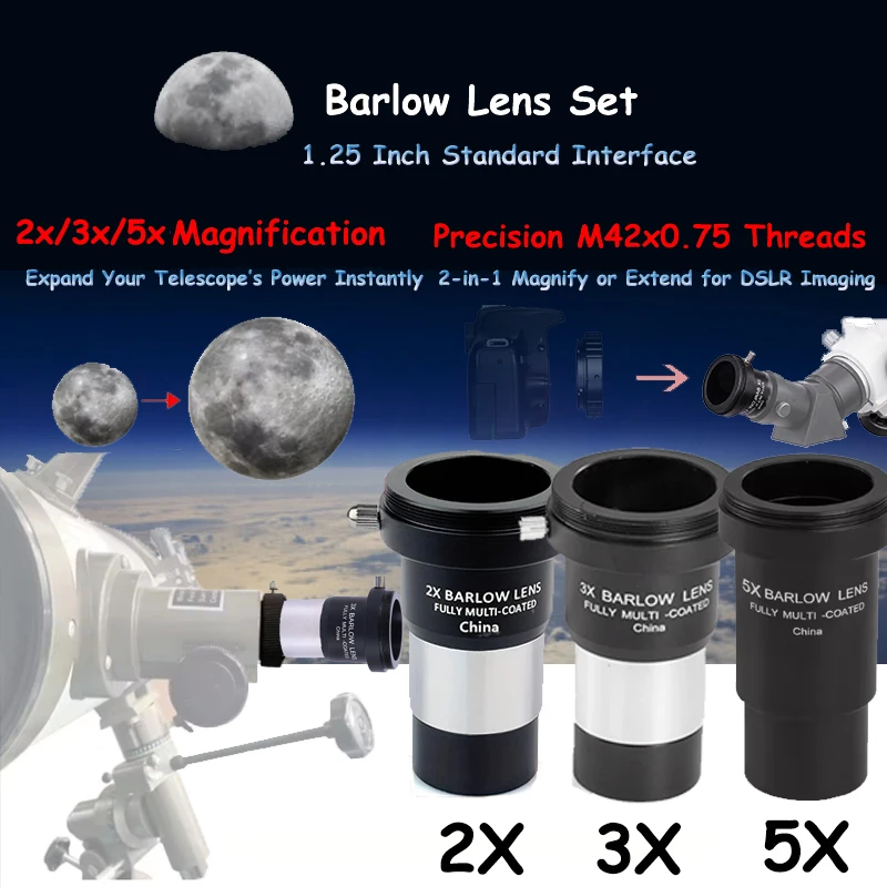 1.25“ Barlow Lens 2X/3X/5X Multi-Magnification for Astronomical ...