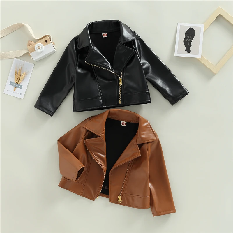 Kid Boys Leather Jacket Solid Color Girls Coats Kids Casual Style ...