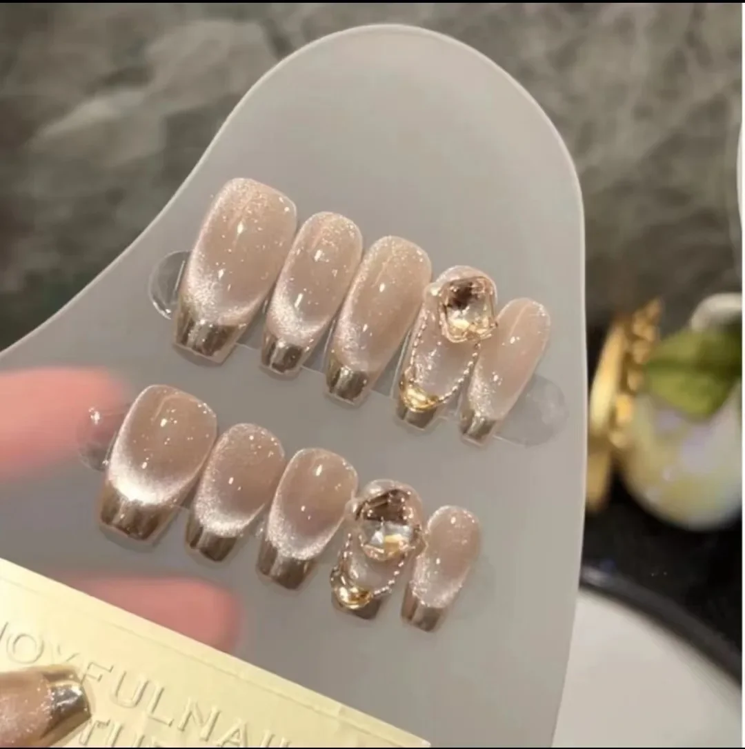 10Pcs-French-Ballerina-Naked-Cat-Eye-Fake-Nails-Long-Handmade-Press-On ...