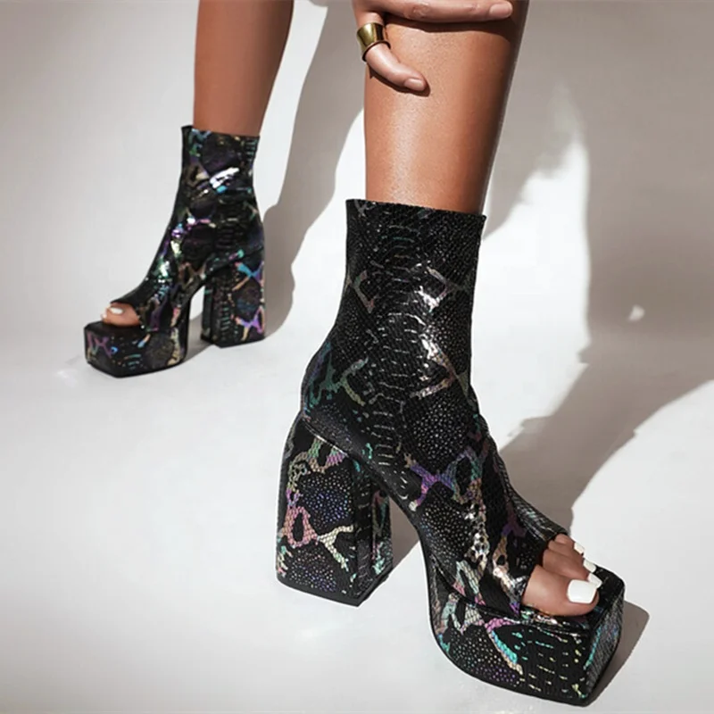 Snake-Print-Glitter-Upper-Peep-Toe-Disco-Shoes-Women-Ankle-Boots-Square ...