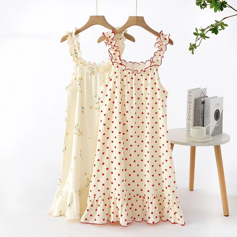 New Summer Ladies Nightdress 100% Cotton Crepe Sling Long Skirt Thin ...