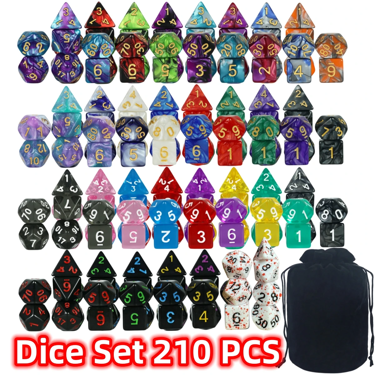 210PCS-Assorted-Polyhedral-Dice-with-Velvet-Bag-30-Sets-of-D4-D6-D8-D ...