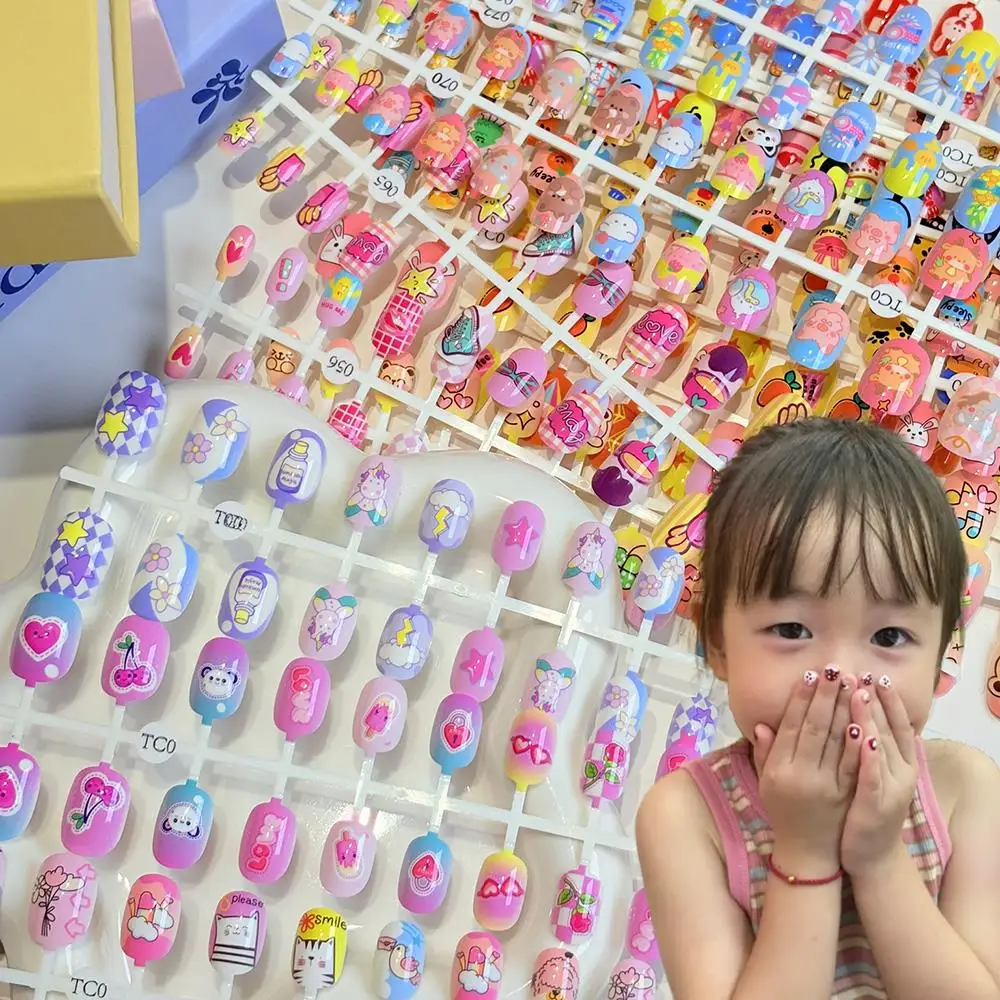 24Pcs Cartoon Children Fake Nails Cute Animal Flower Heart Star Press ...