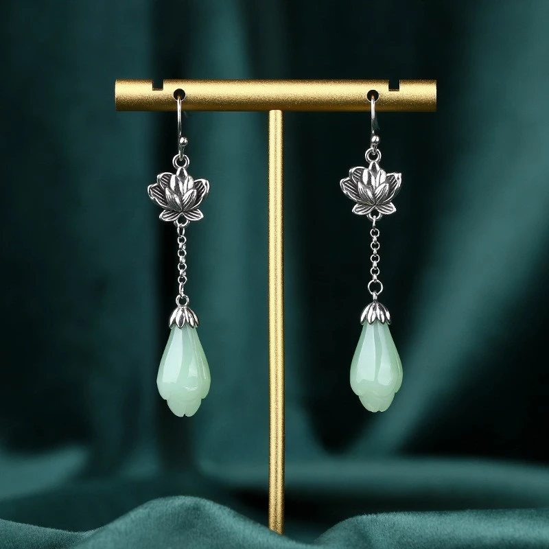 YILUOCD Original Retro Jade Stone Flower Drop Earrings for Women Boho ...