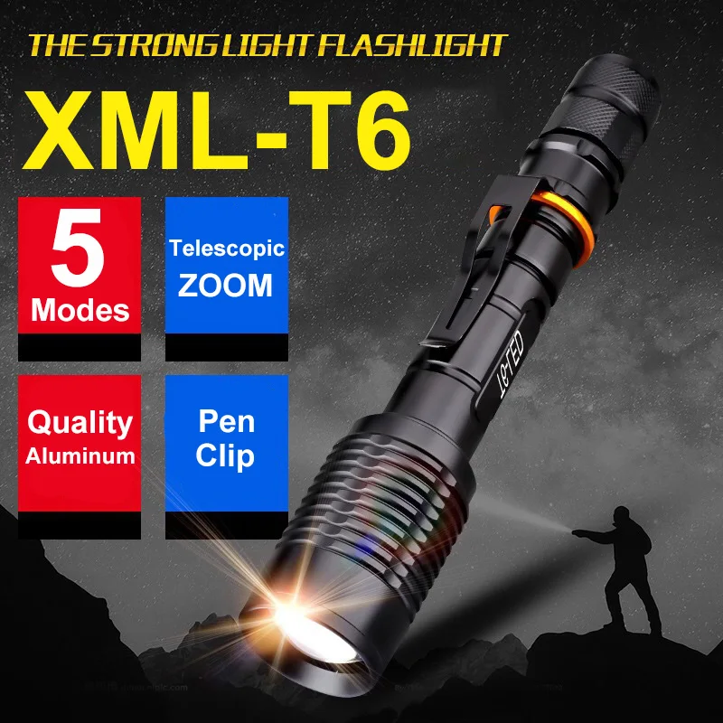 T6-Brightest-100000LM-LED-Flashlight-with-pen-clip-Rechargeable ...