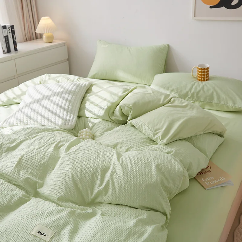 Beddings Sets Ins Solid Color Bed Three piece Waffle Cotton Quilt Cover ...