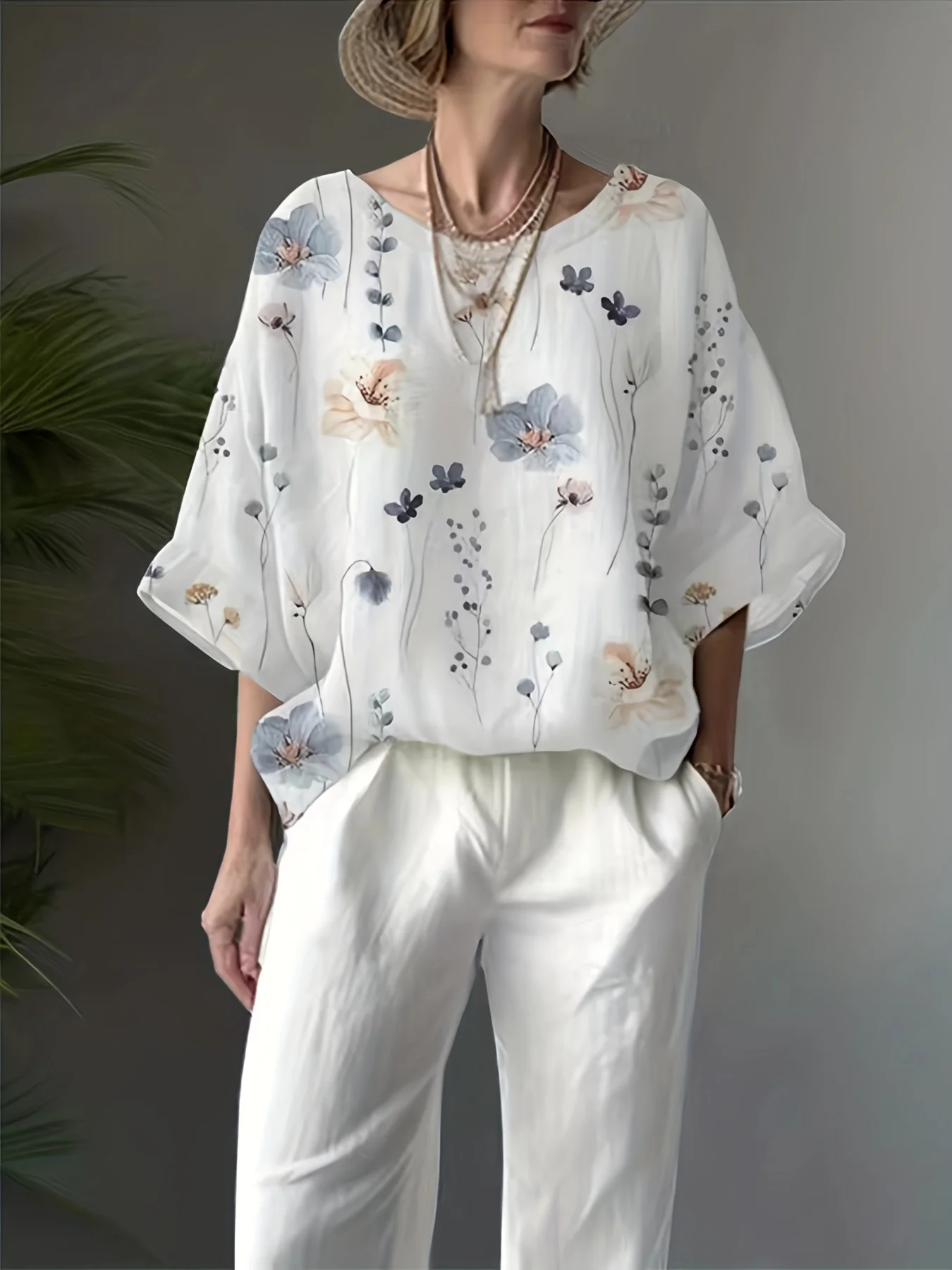 Plus-Size-Casual-Top-Women-s-Plus-Floral-Print-Half-Sleeve-Round-Neck ...