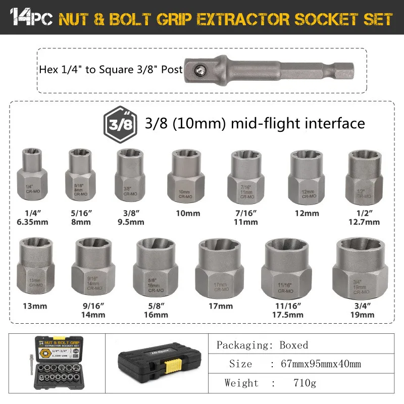 14pc Extraction Socket Set Impact Bolt Nut Remover Set Bolt Extractor ...