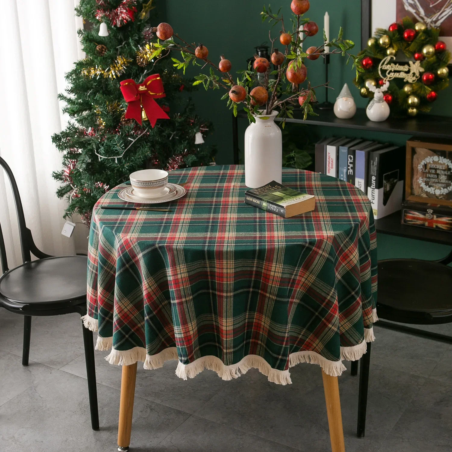 Plaid-Tassels-Christmas-Decoration-Tablecloth-Round-Woven-Polyester ...