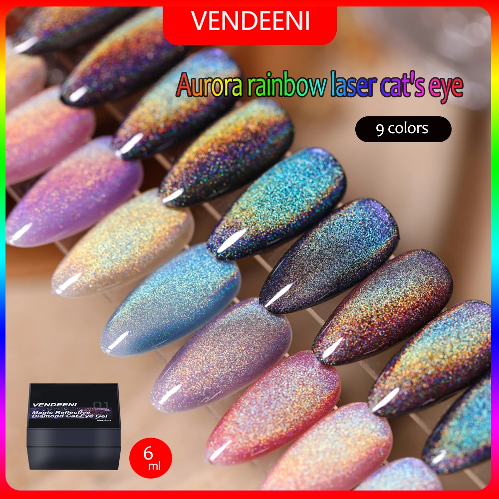 VDN Diamond Reflective Cat Eye Magnetic Gel Rainbow Glitter Nail Polish Soak Off UV Gel ...