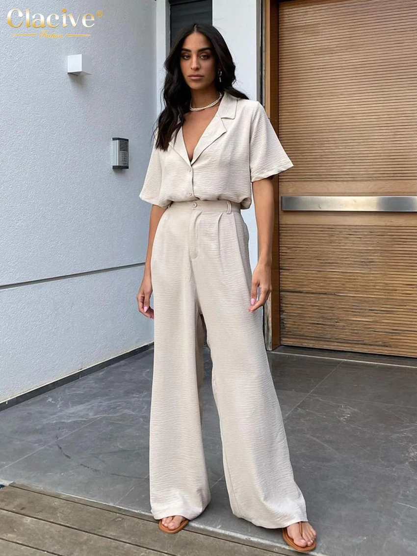 Clacive Summer Loose Khaki Pants Set Woman 2 Pieces Fashion Short ...