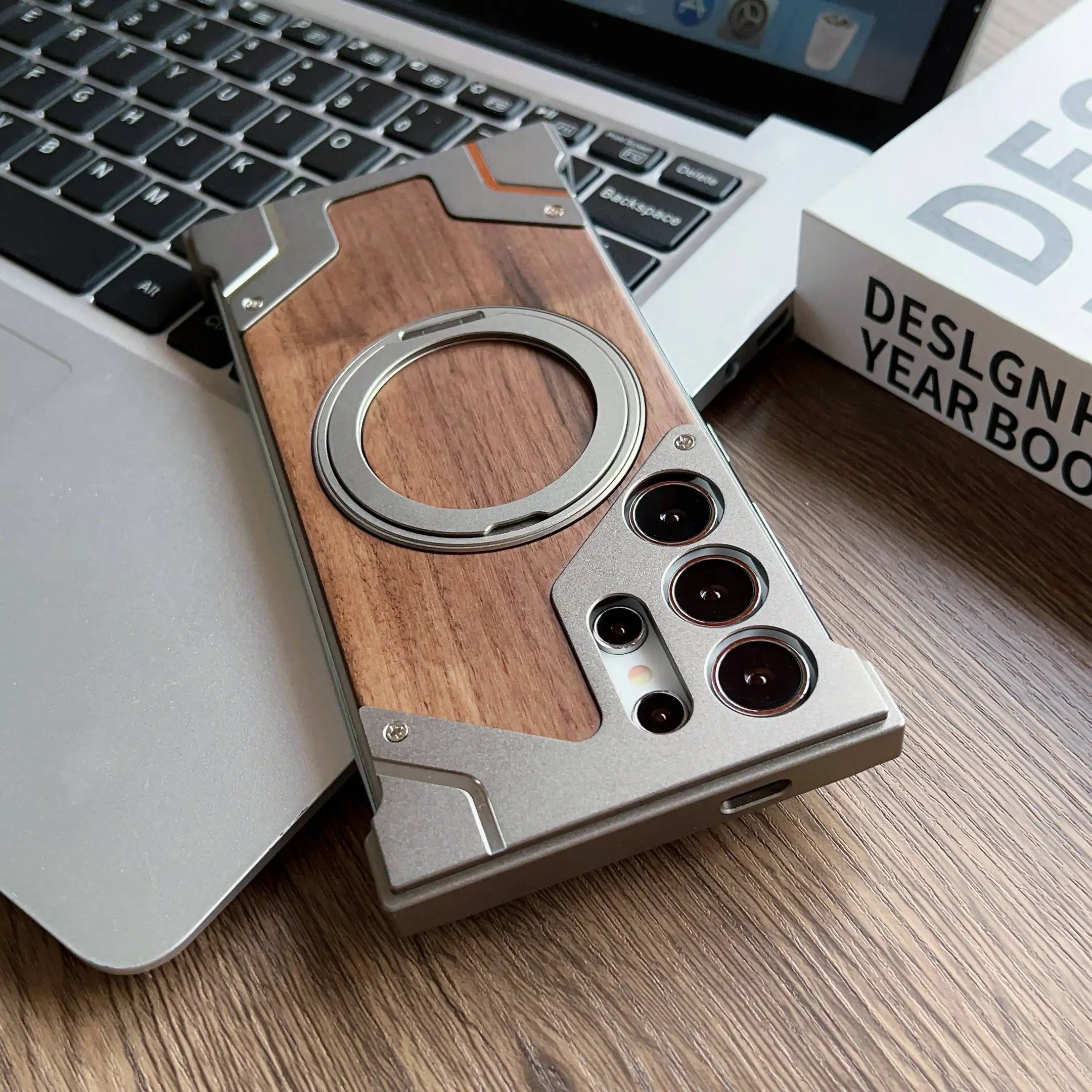 For Samsung Galaxy S24 Ultra Case Aluminum Wood Grain Armor Borderless ...