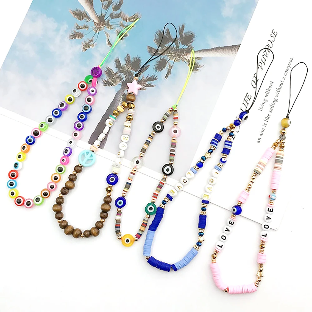 Blue Evil Eye Phone Chains Cellphone Lanyard Bohemian Clay Telephone ...