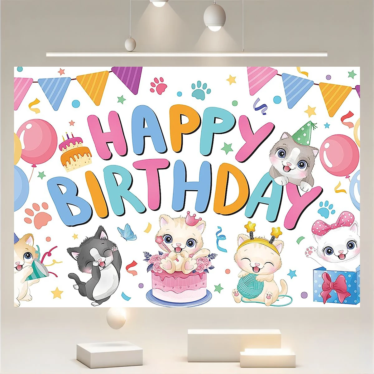 Happy-Birthday-Backdrop-Kitten-Photography-Background-Pet-Paw-Cat-Theme ...