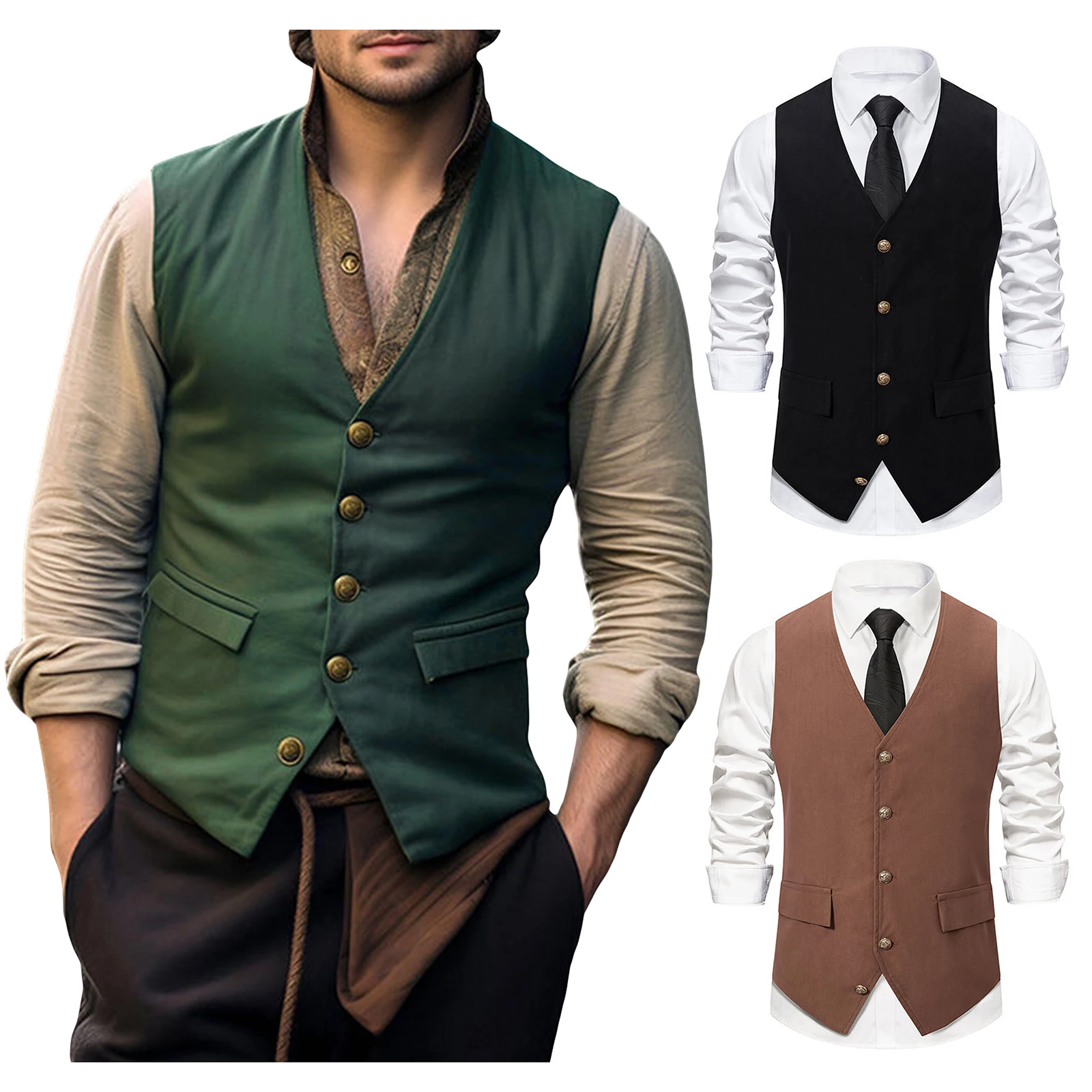 Men Suit Vest Solid Color V-Neck Sleeveless Single-Breasted Retro Vests ...