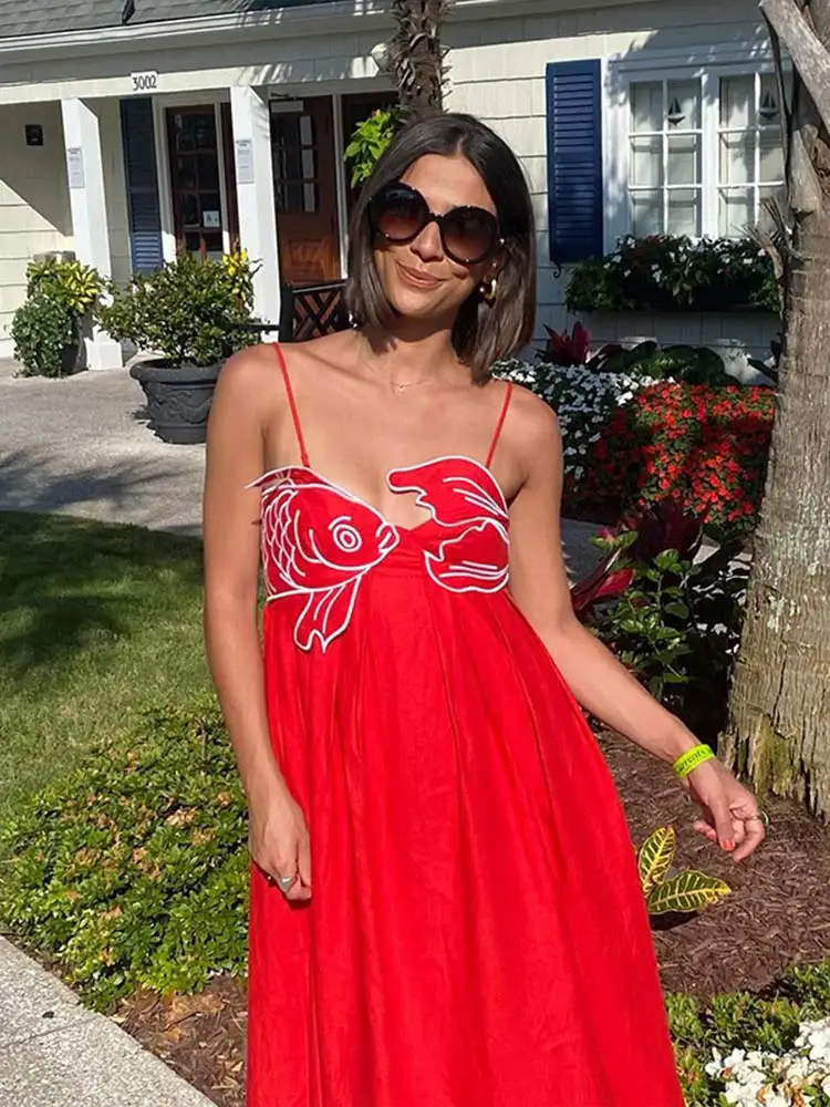Summer-Chic-Red-Fish-Top-Party-Maxi-Dress-For-Women-Sexy-Sling-High ...