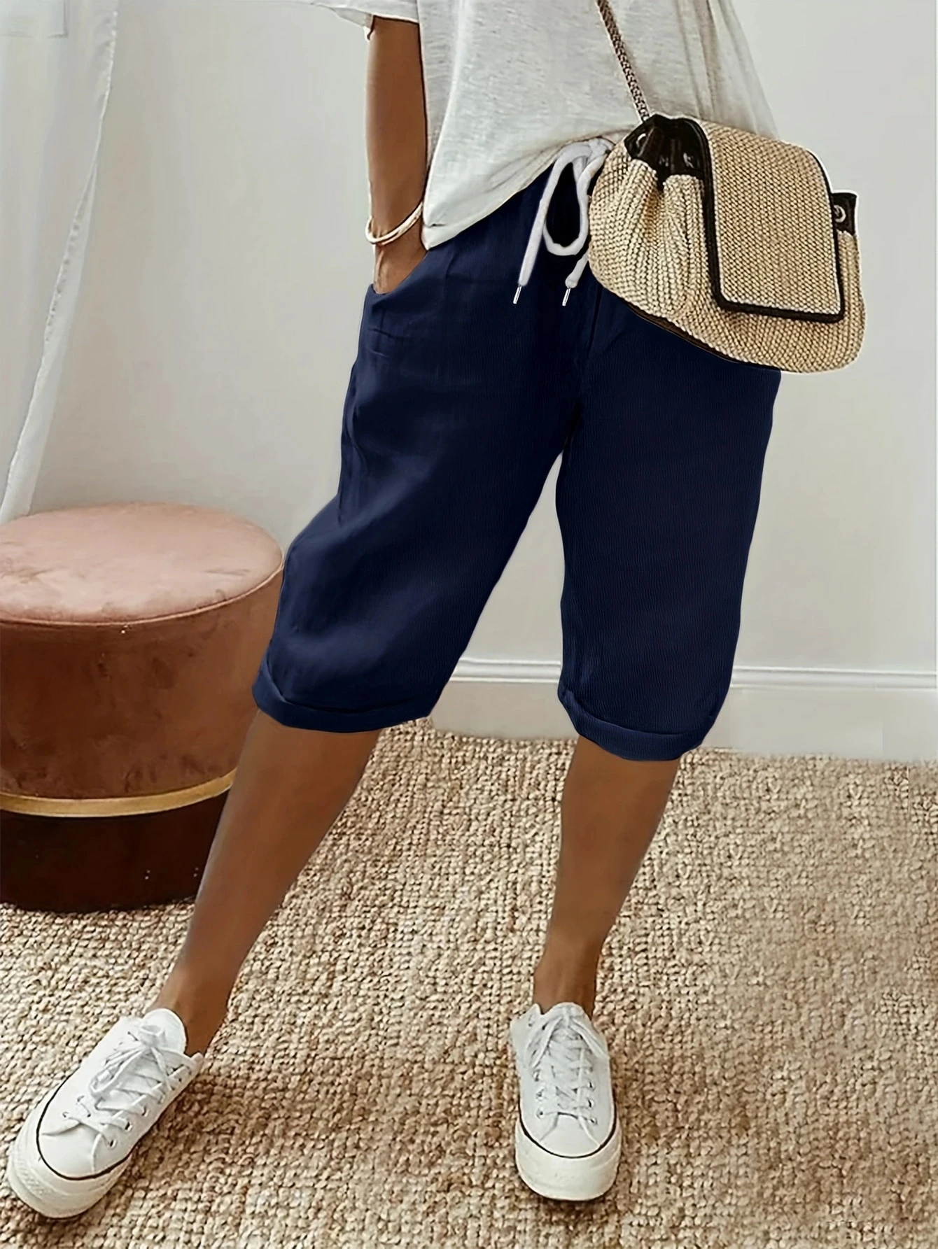 Plus-Size-Spring-Summer-Women-s-Casual-Solid-Color-Five-Minute-Pants ...