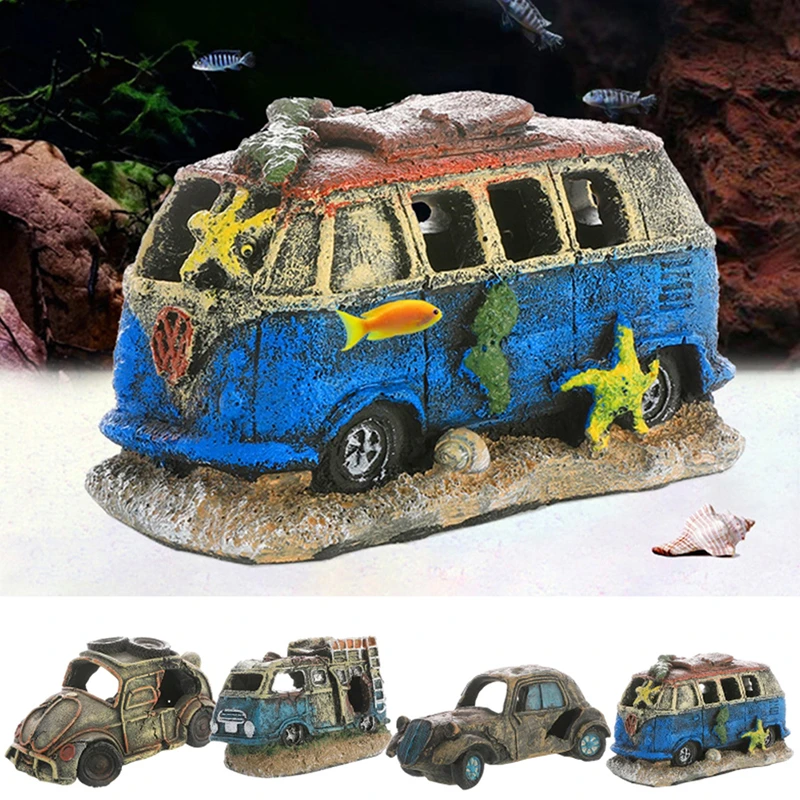 Resin Wreck Car Ornament Fish Shrimp Hiding Cave Shelter Broken Vehicle ...