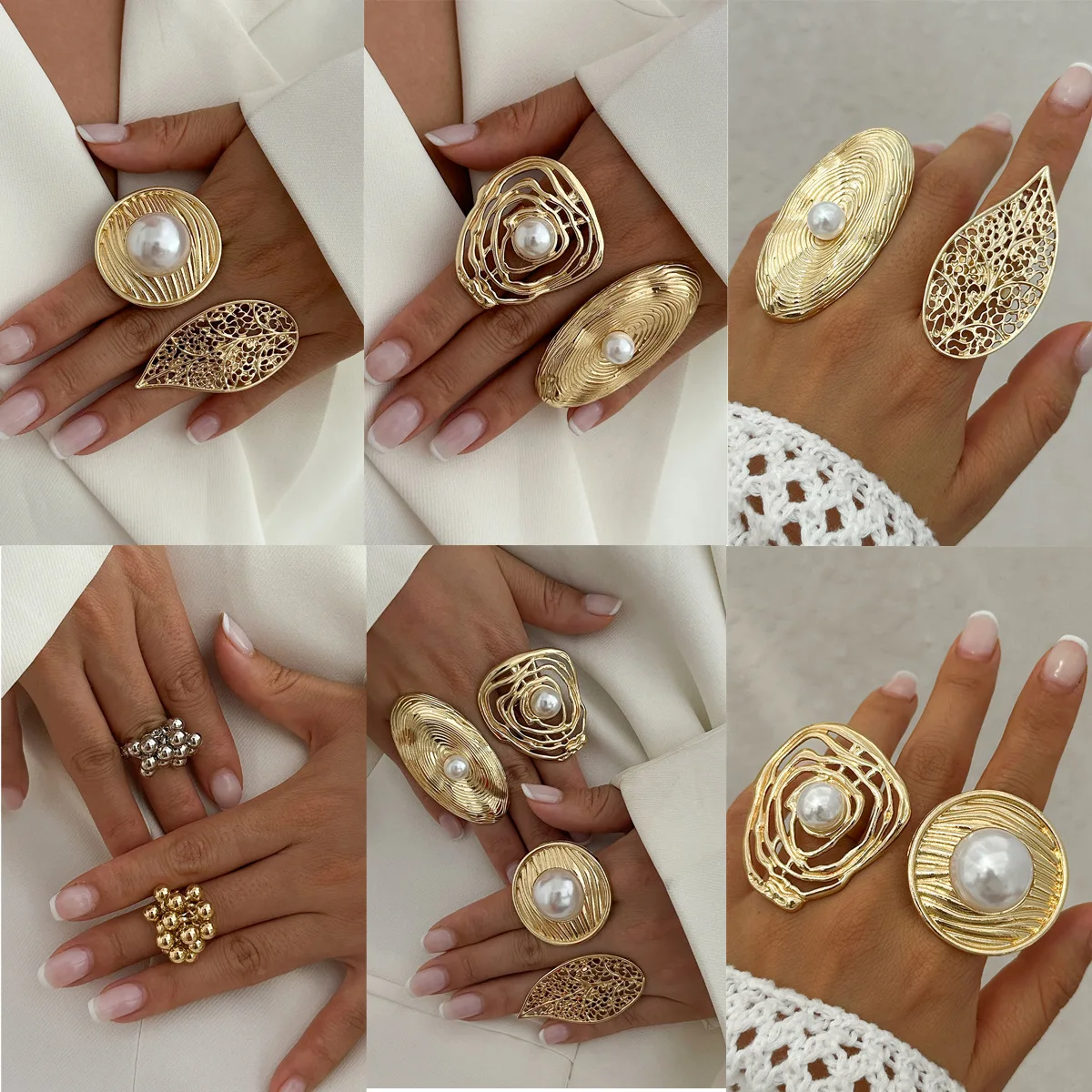 Geometric Irregular Hollow Pearl Opening Adjustable Rings for Women ...