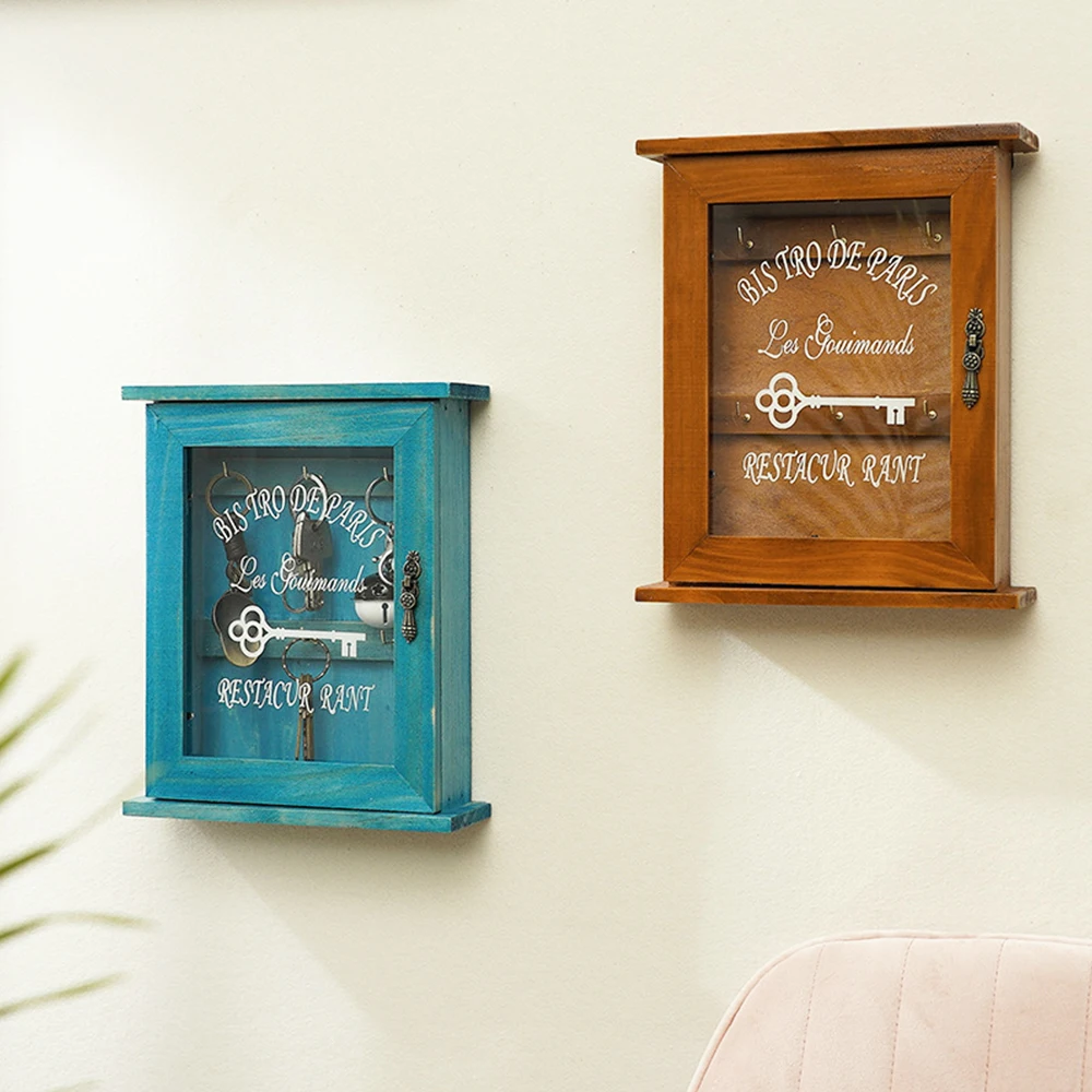 Vintage Wooden Key Storage Box Home Decor Key Holder with Hanging Hooks ...