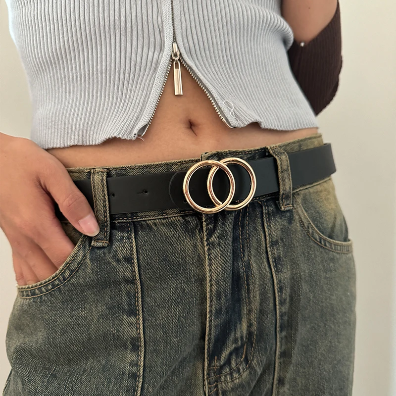 Fashion Women's Belt luxury Double Round Buckle Belt Simple And ...