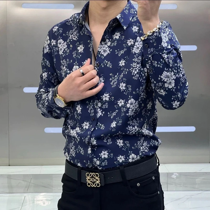 New Men's Floral Long Sleeved Shirt with Trendy Print Slim Fit Casual ...