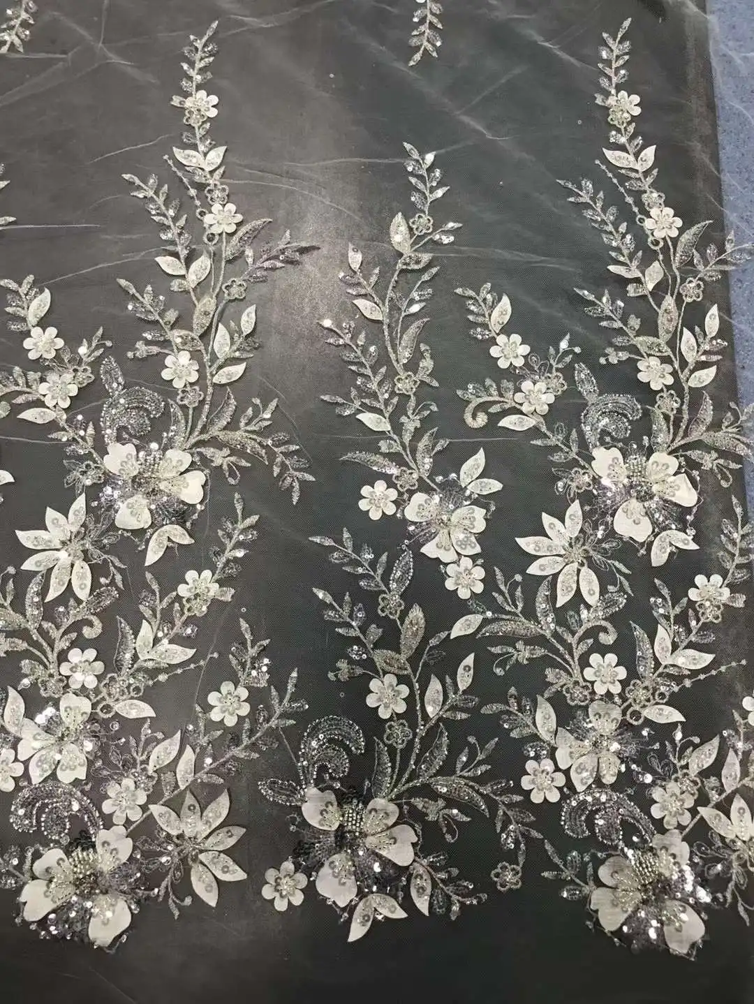 White-High-quality-3D-Beaded-Fabric-Crystal-Sequin-Emboirdered-French ...