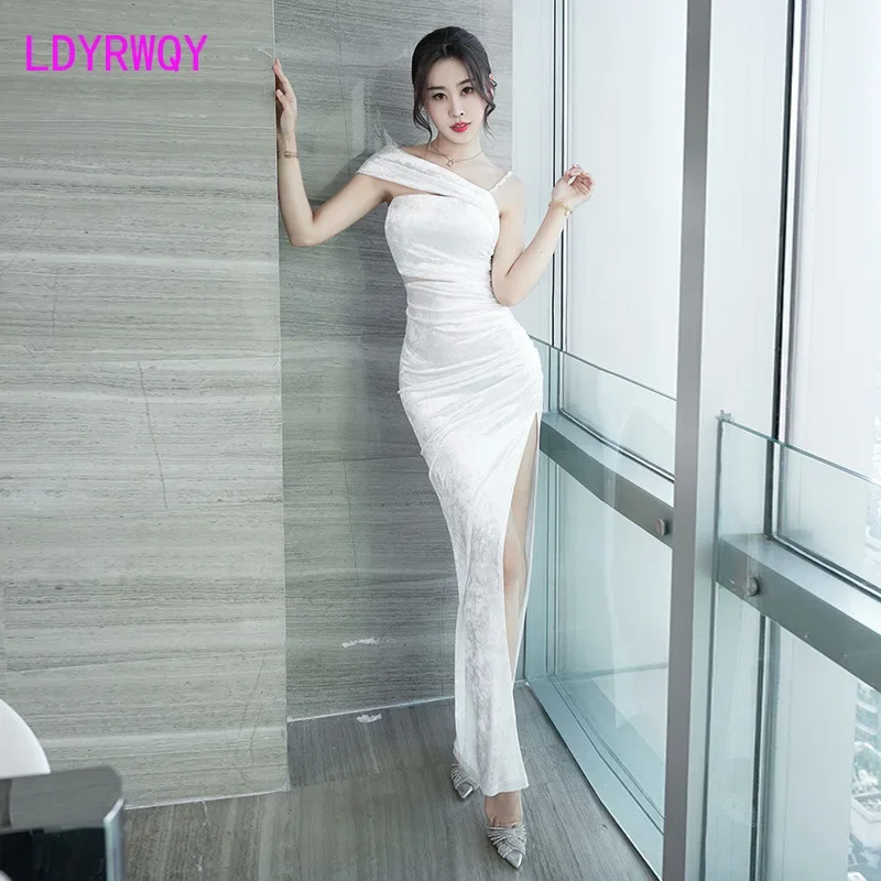 New-Autumn-Winter-Velvet-Oblique-Shoulder-Long-Bottom-Dress-Fashion ...