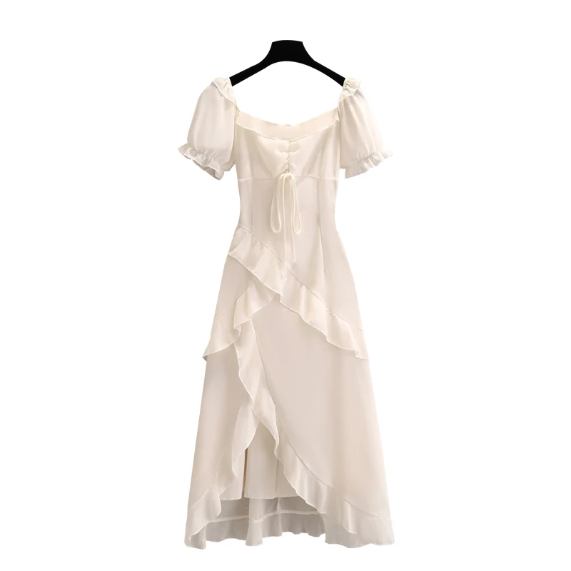 Women-Vintage-French-Ruff-Chiffon-Midi-Long-Dress-Short-Sleeve-Sexy ...