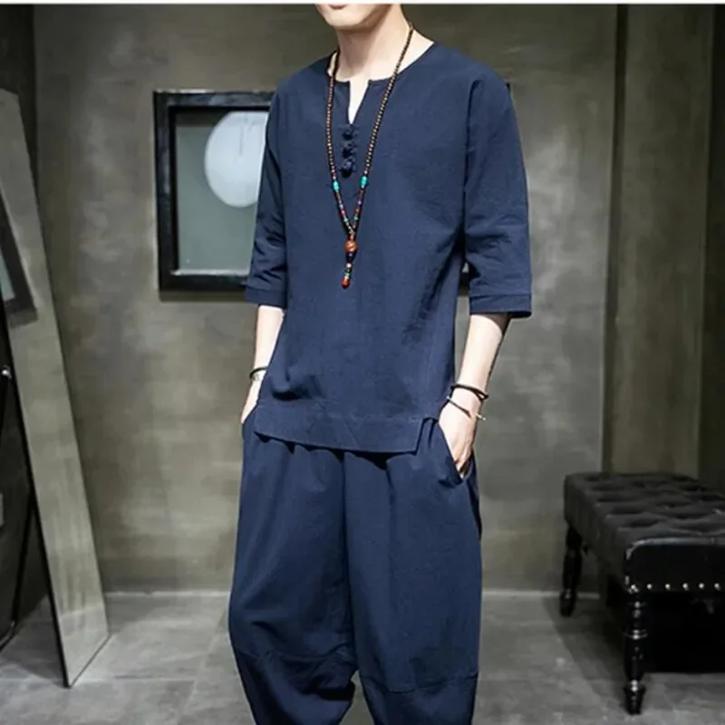 Japanese-Style-Suits-Kimono-Short-Sleeved-T-shirt-Pants-Two-Piece-Men ...
