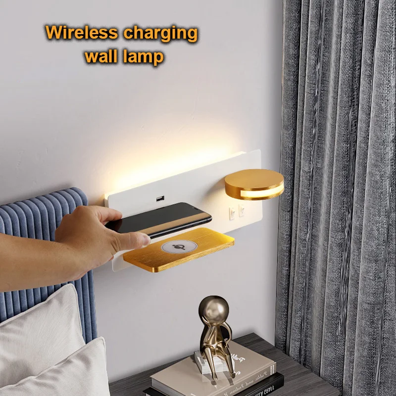 Wireless Charging Wall Lamp Bedside Modern LED Wall Light With Switch ...