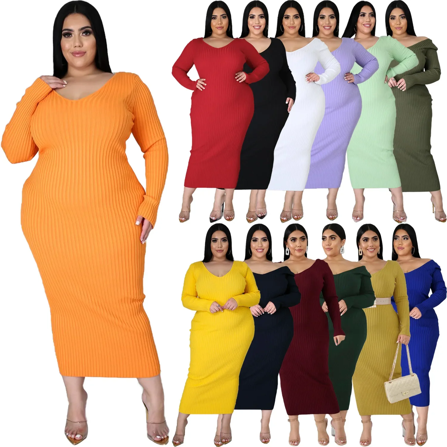 Plus-Size-Solid-Color-Long-Sleeve-Rib-Pit-Knit-Cotton-Mid-Calf-Dress ...