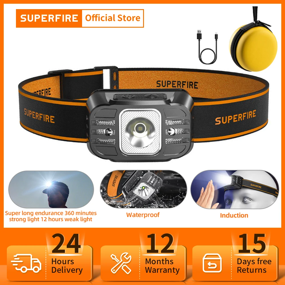 SUPERFIRE-Mini-LED-Headlamp-Induction-Rechargeable-Headlight-USB-C ...