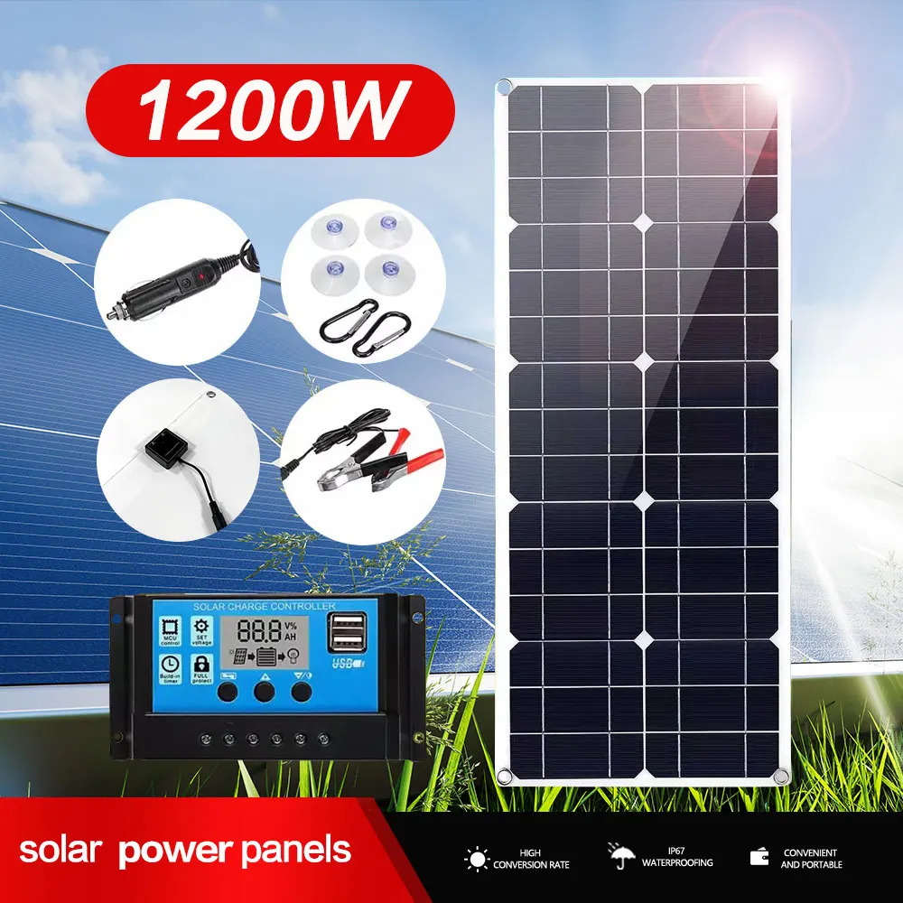 1200W Flexible Solar Panel Kit 18V Monocrystalline Solar Cells Power ...