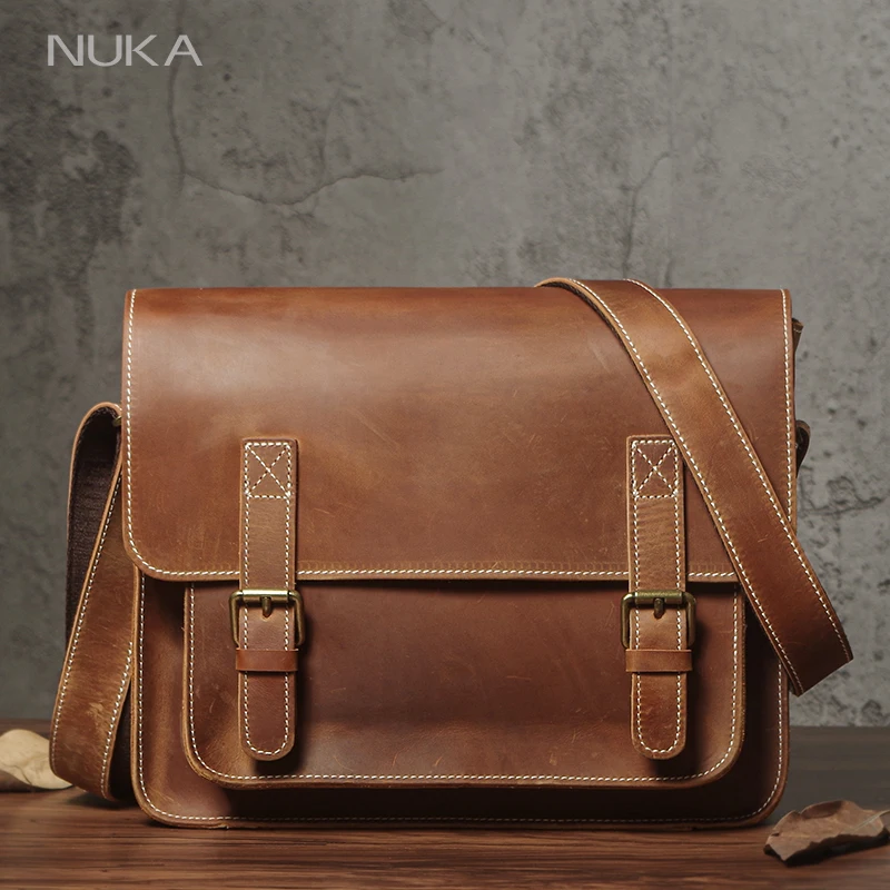 NUKA Retro Genuine Leather Messenger Bag Crazy Horse Cowhide Shoulder ...