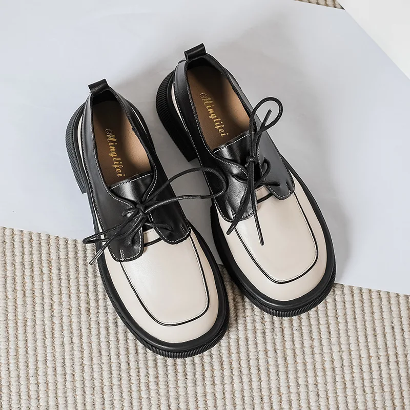 Zapatos-de-cuero-de-suela-gruesa-para-mujer-mocasines-informales-negros-con-cordones-talla ...