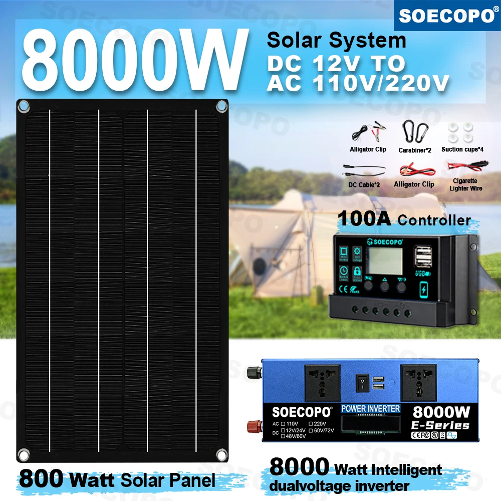 8000W 12V/24V-110V/220V Inverter Complete Solar System 800W Panel 100A ...