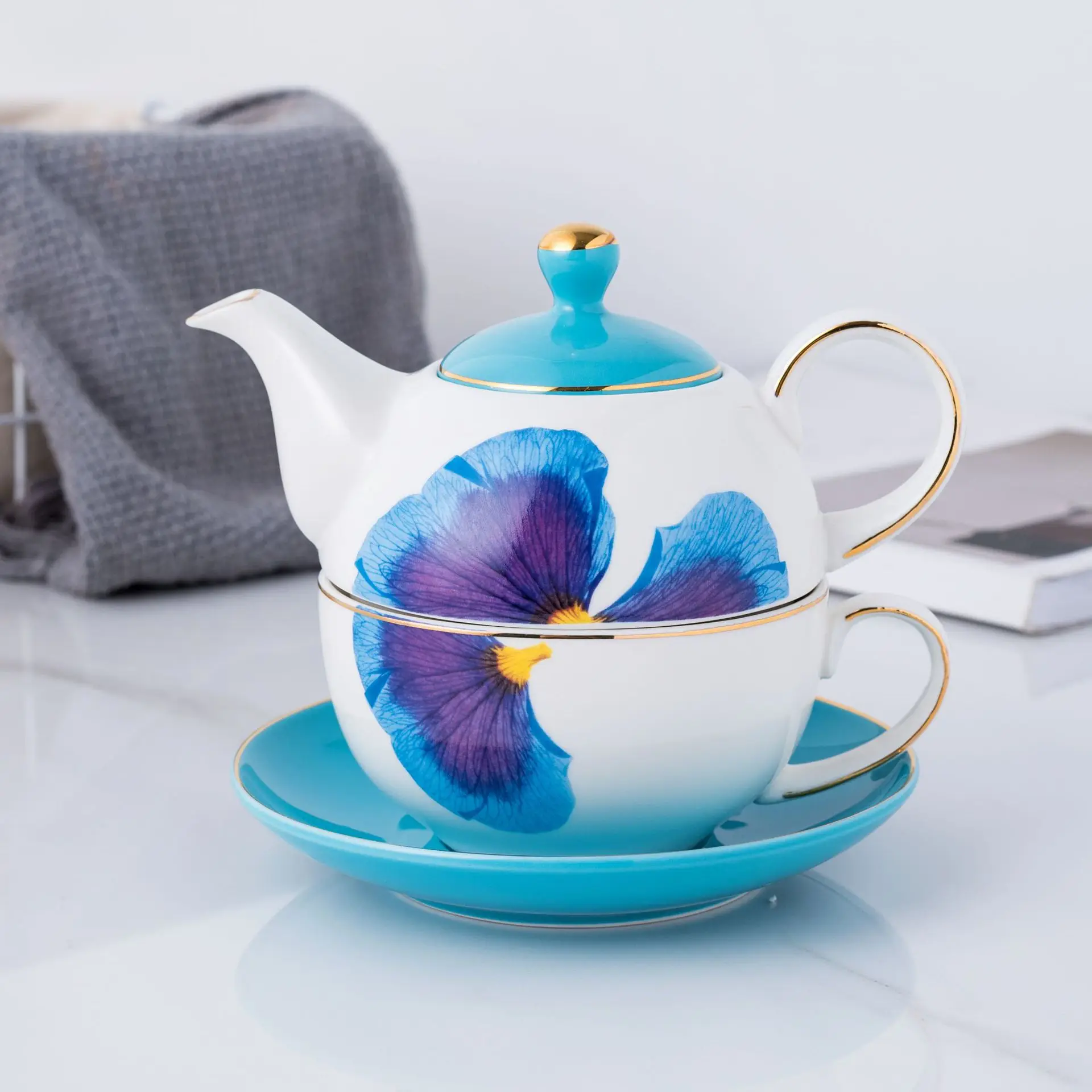 Ceramic-Tea-for-One-Set-Teapot-with-Infuser-and-Cup-Set-for-One-Blue ...