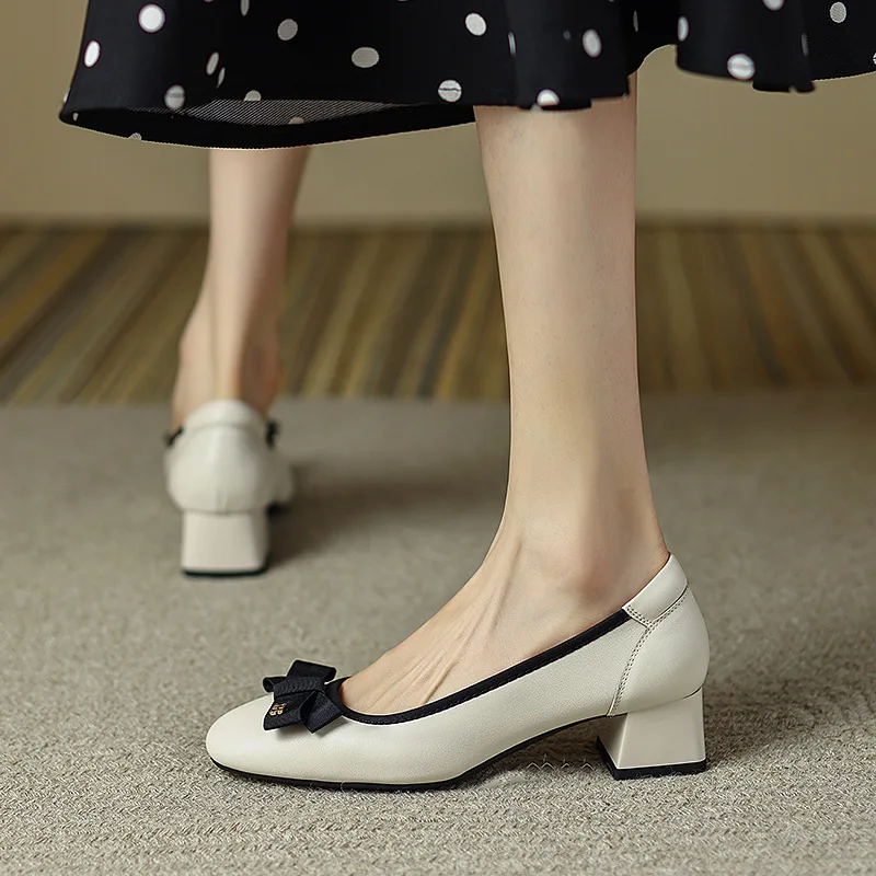 Real Leather bow light mouth single shoes women's thick heel spring ...