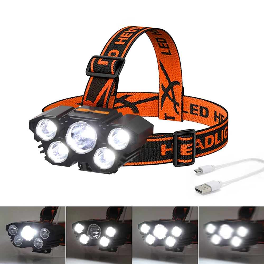 5-LED-Head-Flashlight-Rechargeable-Torch-with-Built-in-18650-Battery ...