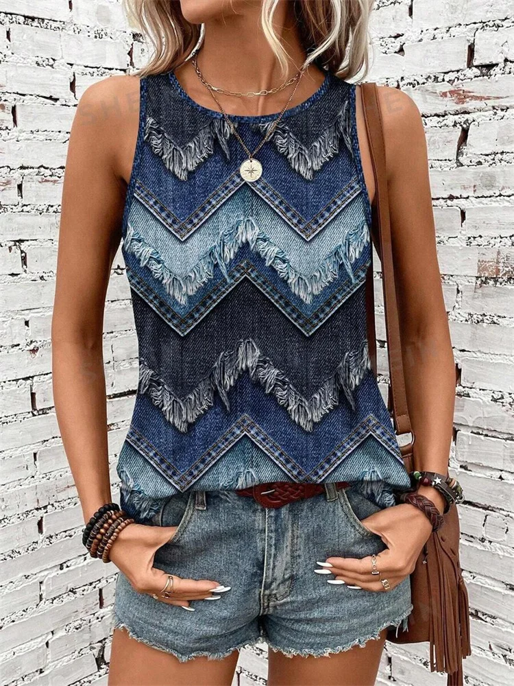 Denim-Printed-Women-s-Tank-Top-Polyester-Summer-Everyday-Casual-Women-s ...
