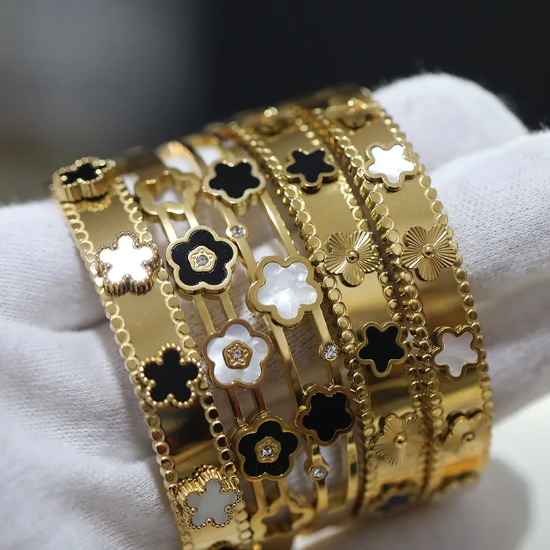 Classic-Stainless-Steel-Black-Flower-Charm-Bracelet-for-Women-Metal ...