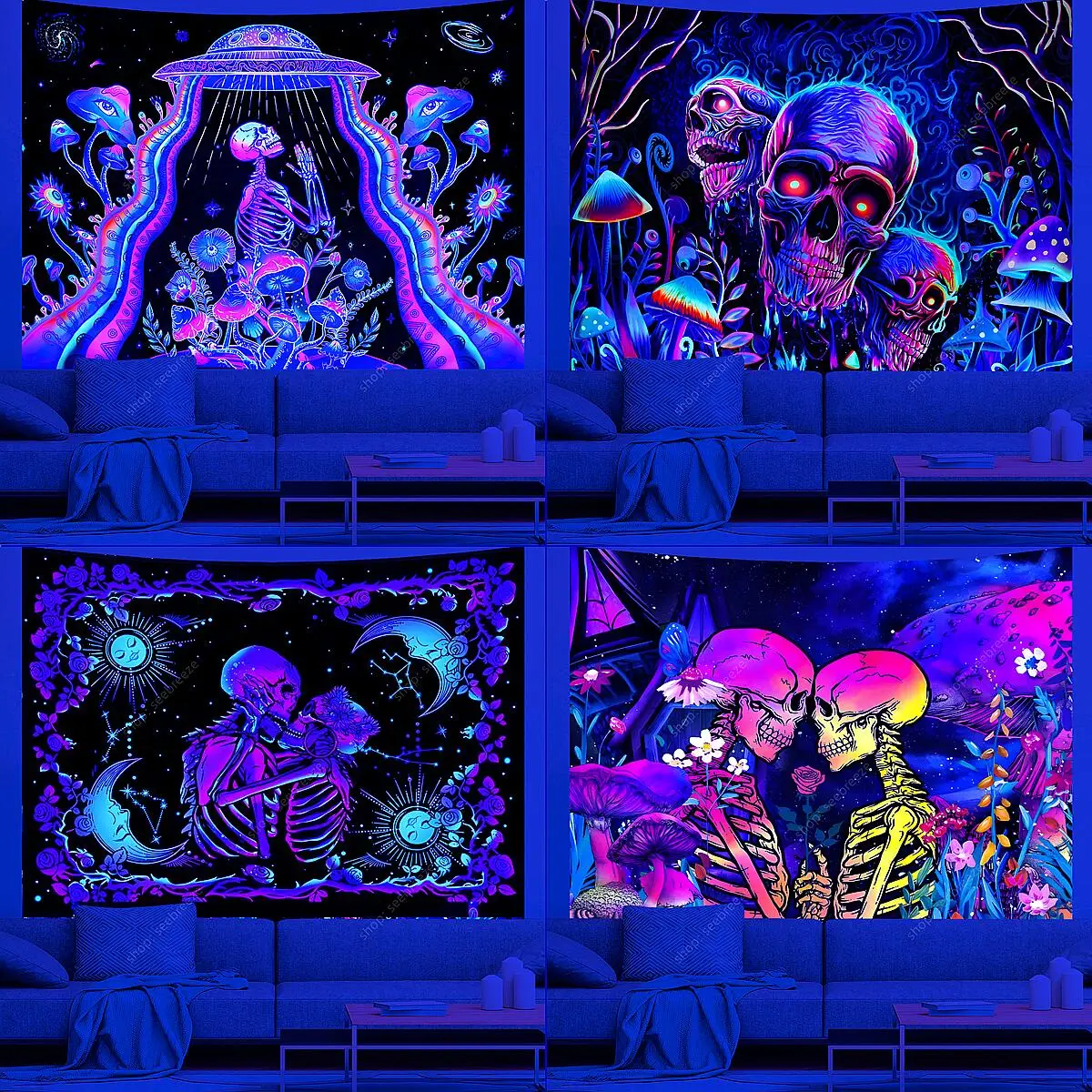 Psychedelic-Skeleton-UV-Reactive-Wall-Tapestry-Hippie-Skull-Tapestry ...