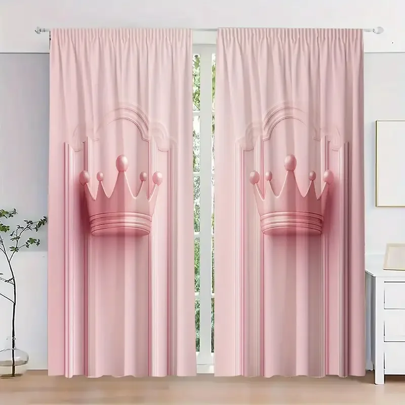 2PCS Pink Crown Curtains, Polyester Material Design with Rod Bags ...