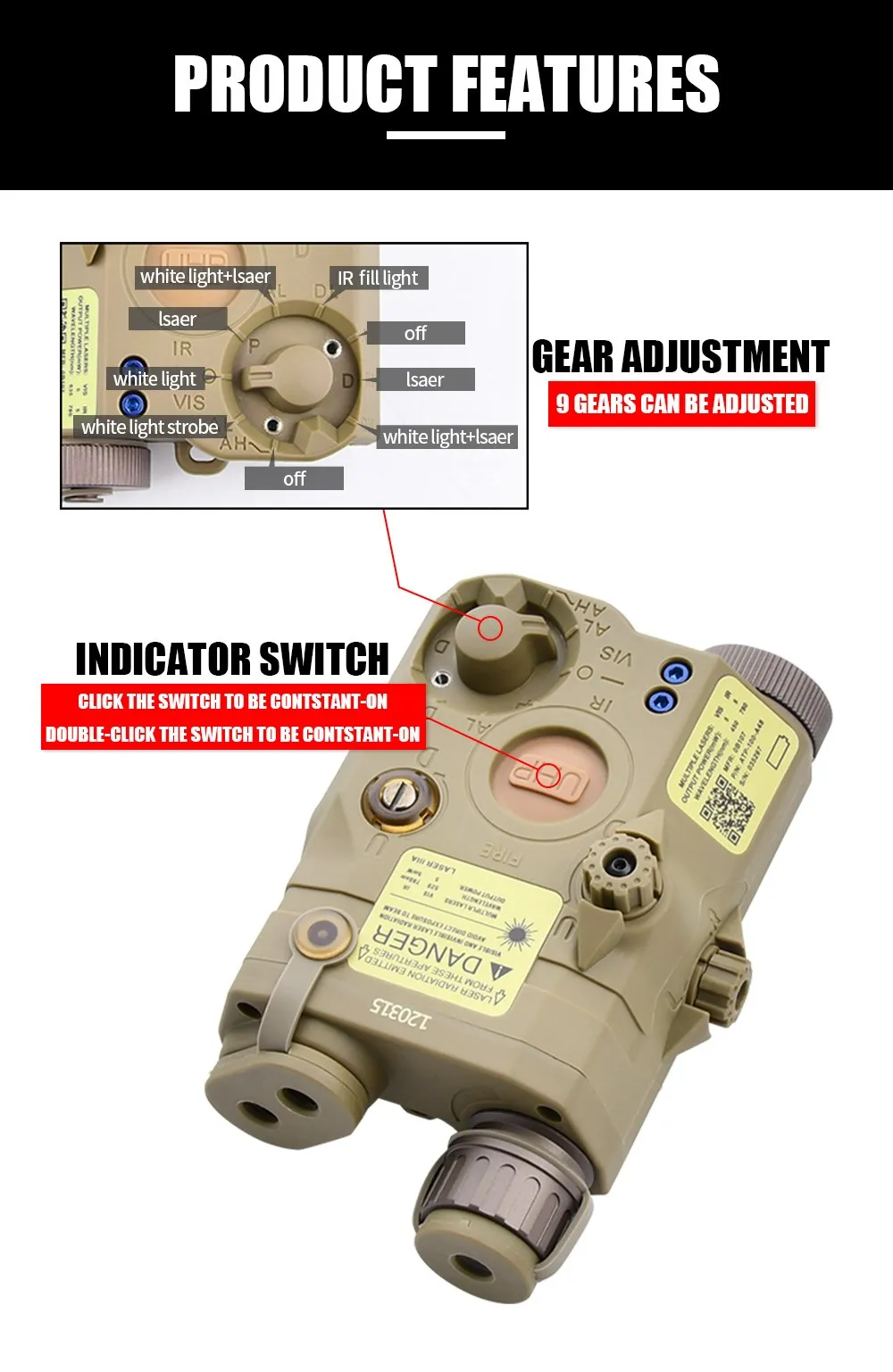 AN/VHP PEQ-15 Airsoft Red Green Blue Dot Laser LA-PEQ15 Battery Box LED ...