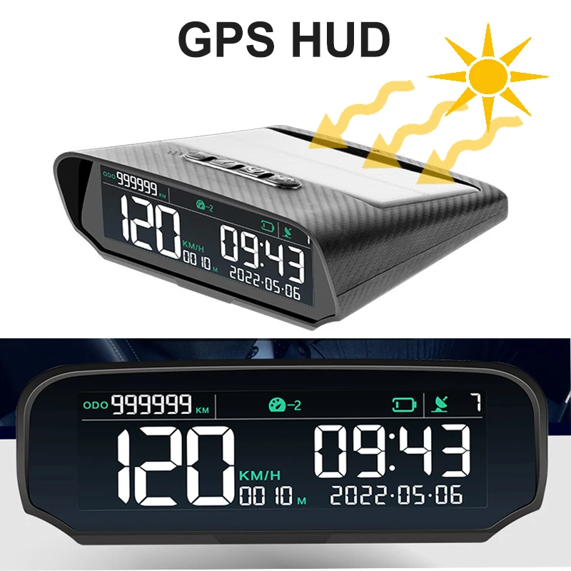 Solar Car HUD GPS Head-Up Display Digital Clock Speedometer Over-Speed ...