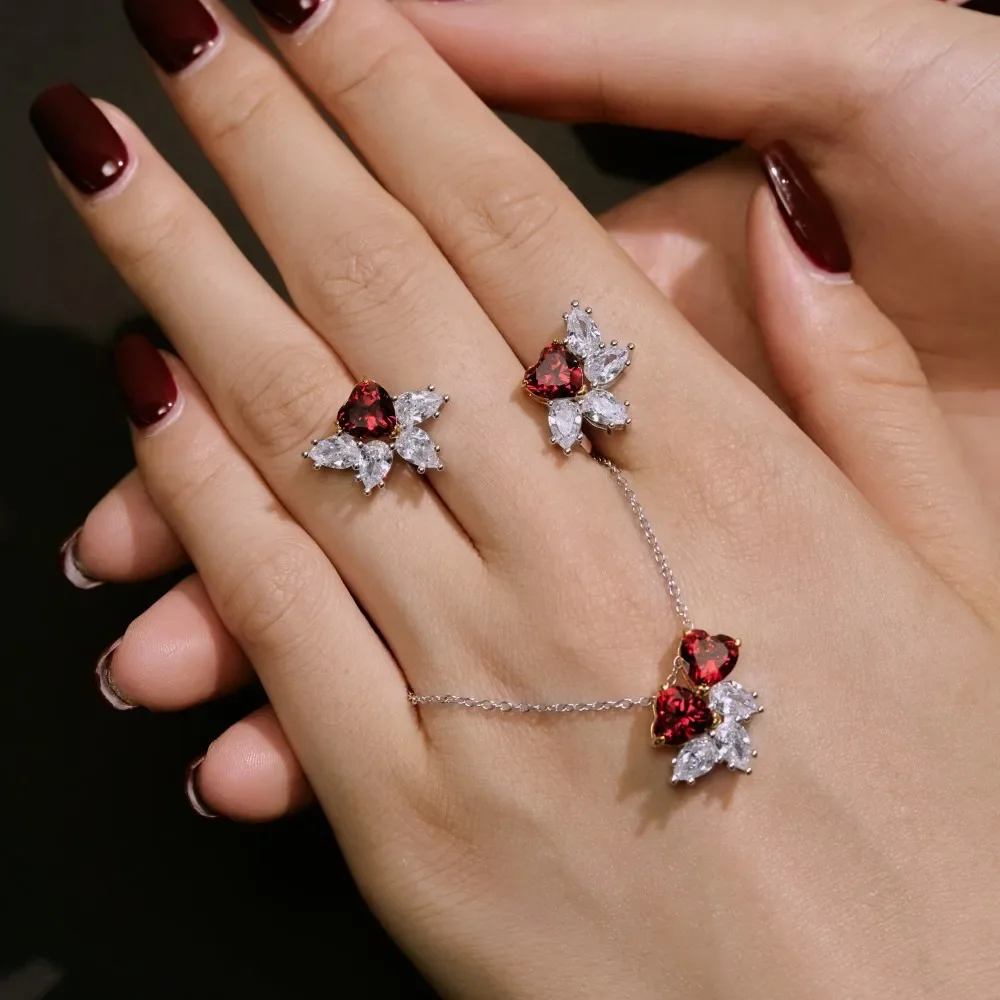 New-S925-Pure-Silver-Ear-Nail-Necklace-Red-Heart-Brocade-Cluster-Set ...