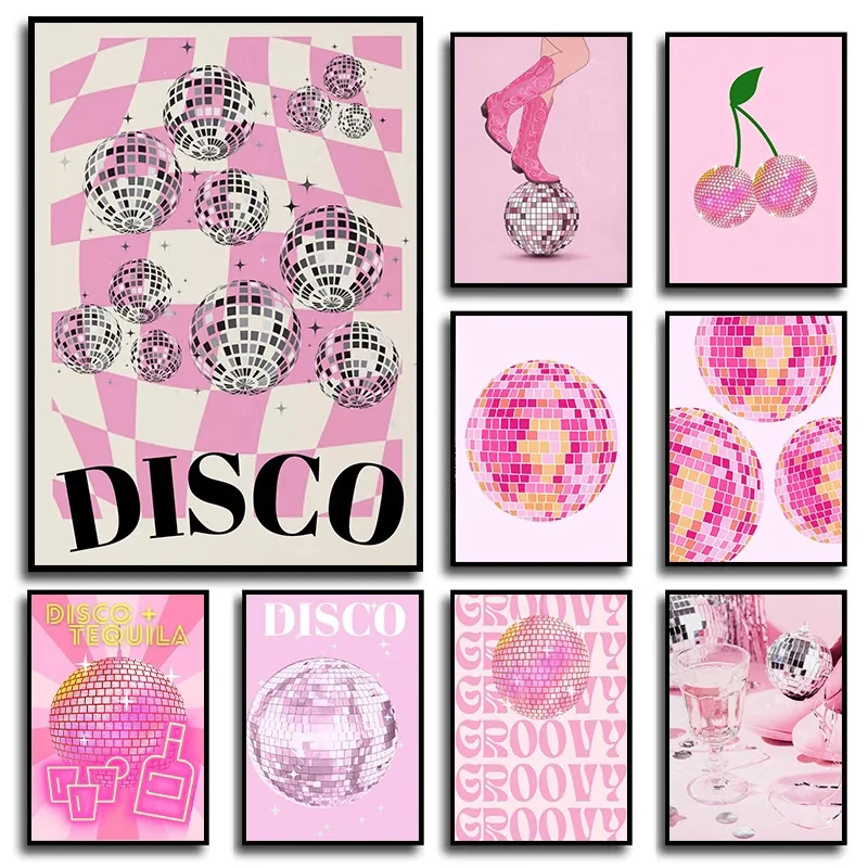 Retro-Pink-Disco-Ball-Dancefloor-Disco-Party-Fashion-Poster-Prints-Wall ...